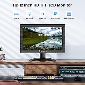 Eyoyo 12 Inch Monitor 16:9 Mini HDMI Monitor Screen 1366x768 Small TV Monitor Display with HDMI VGA BNC AV USB Input for Computer PC RasPi Laptop CCTV Security Analog Camera