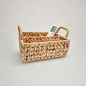 Remote Control Holder Wicker Desk Organizer Divided Storage Basket,Hand Woven Cosmetic Storage Box with 3 Compartments,Water Hyacinth Remote Control Basket for Desktop Organizing