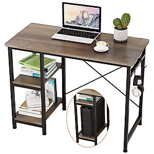 Engriy Writing Computer Desk 39", Home Office Study Desk with 2 Hooks and Storage Shelves on Left or Right Side, Industrial Simple Workstation Wood Table Metal Frame for PC Laptop, Black Oak