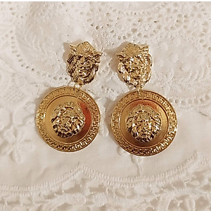 Doubnine Lion Head Earrings Big Coin Gold Circle Dangle Baroque Animal Earrings Vintage 80's Women Accessories Gift