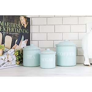 Creative Co-Op Metal Containers with Lids, Coffee, Tea, Sugar (Set of 3 Sizes/Designs) Food Storage, Mint Green