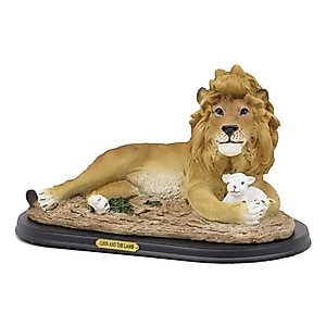Ebros Gift Religious Christian Inspirational Lion and The Lamb Statue with Base and Brass Plate Title Home Decor Revelations 5 Sculptural Reproduction Jesus Christ Lion of Judah and Lamb of God