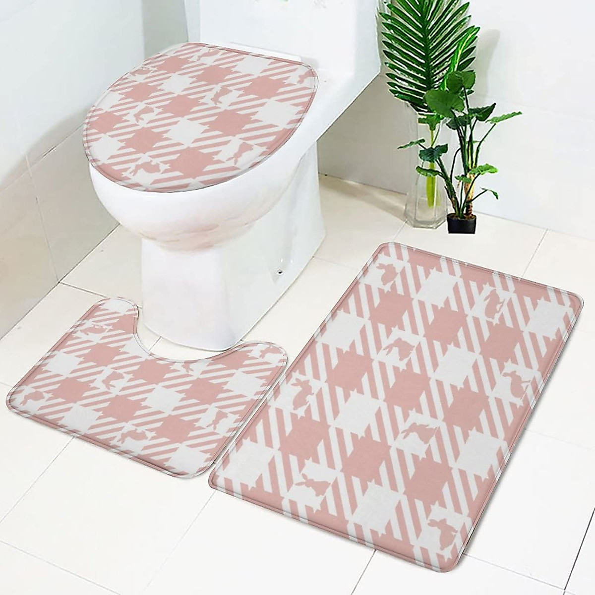 Royaours 3-Piece Bath Rug and Mat Sets, Pink White Buffalo Plaid Stripe Easter Rabbit Non-Slip Bathroom Doormat Floor Rugs, Farm Toilet Seat Cover, U-Shaped Carpet Entrance Door Mat