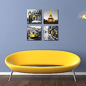 YMYXMC33 Decor Bedroom Paris Eiffel Tower Canvas Print Black and White Wall Art London Landmark Building Yellow Lighting Old Tram Yellow Rose Bicycle Picture Decoration Living Room 12"x12"x4