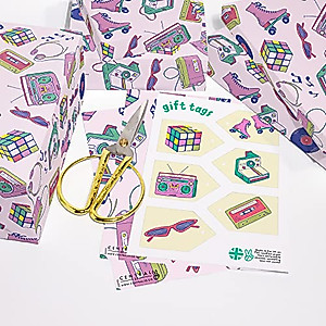 CENTRAL 23 Retro Wrapping Paper - Pink Birthday Gift Wrap - 6 Pcs of Girls Birthday Wrapping Paper Sheets - Radio Polaroid Roller Blades - 90's 80's Theme - Comes With Stickers