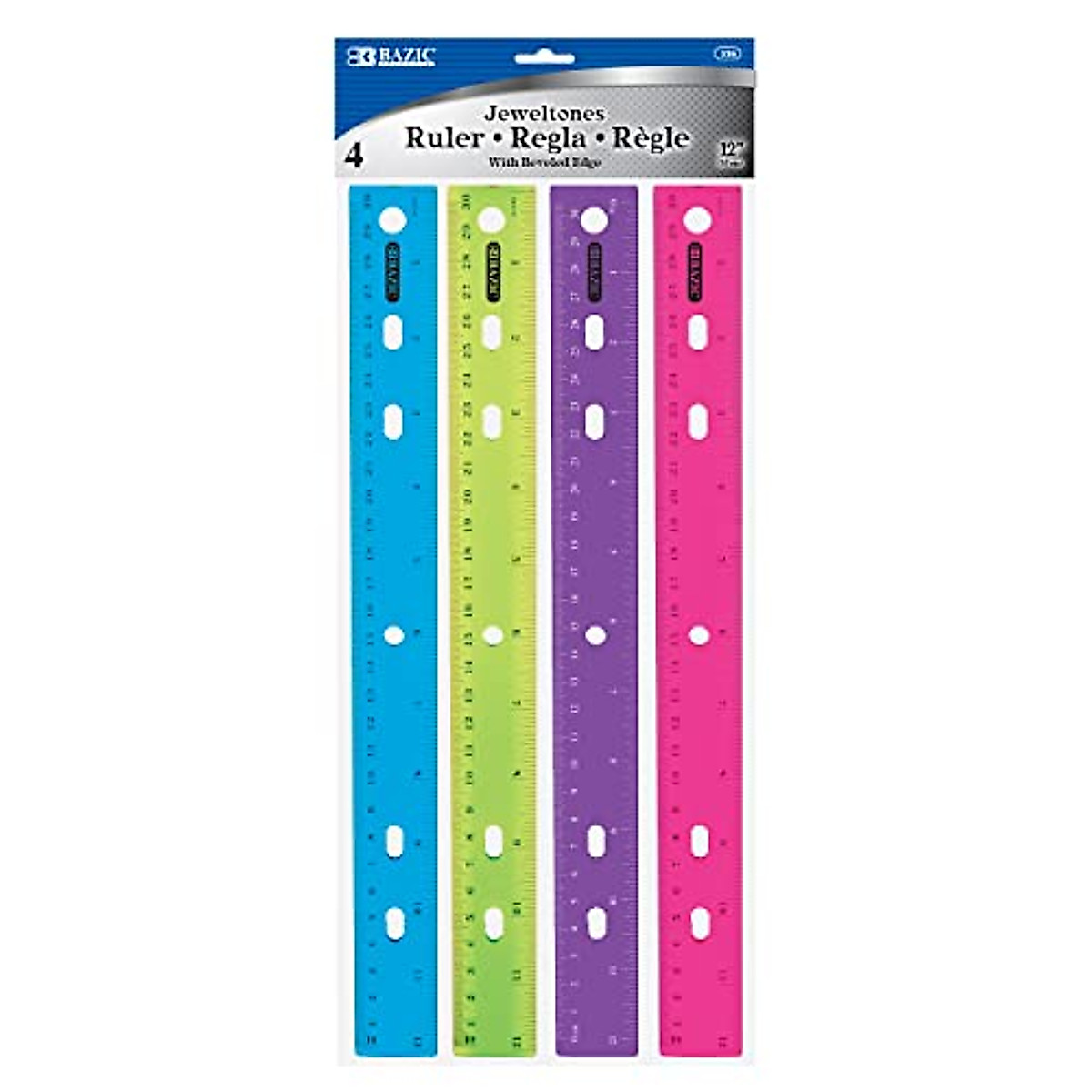 BAZIC Jeweltones Color Plastic Ruler 12" (30cm), Inches Centimeter Metric Measuring Rulers (4/Pack), 1-Pack