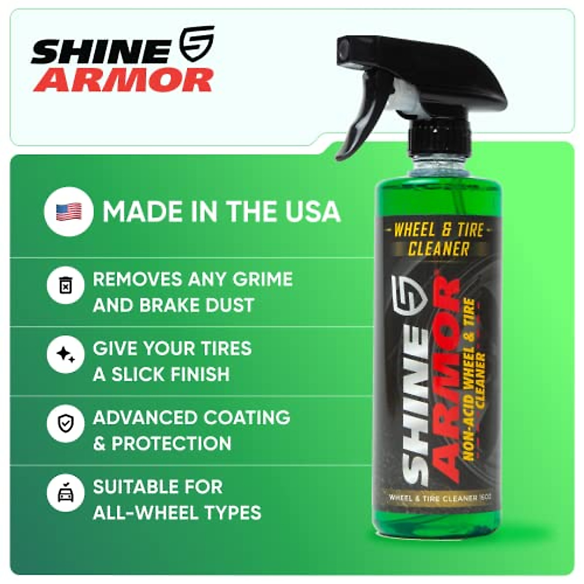 SHINE ARMOR Wheel Cleaner Tire Shine Spray for Car Detailing | Rim Cleaner & Brake Dust Remover Safe for Chrome Alloy Painted Powder Coated Wheels | Magnum Wheel Wash 16 Fl Oz