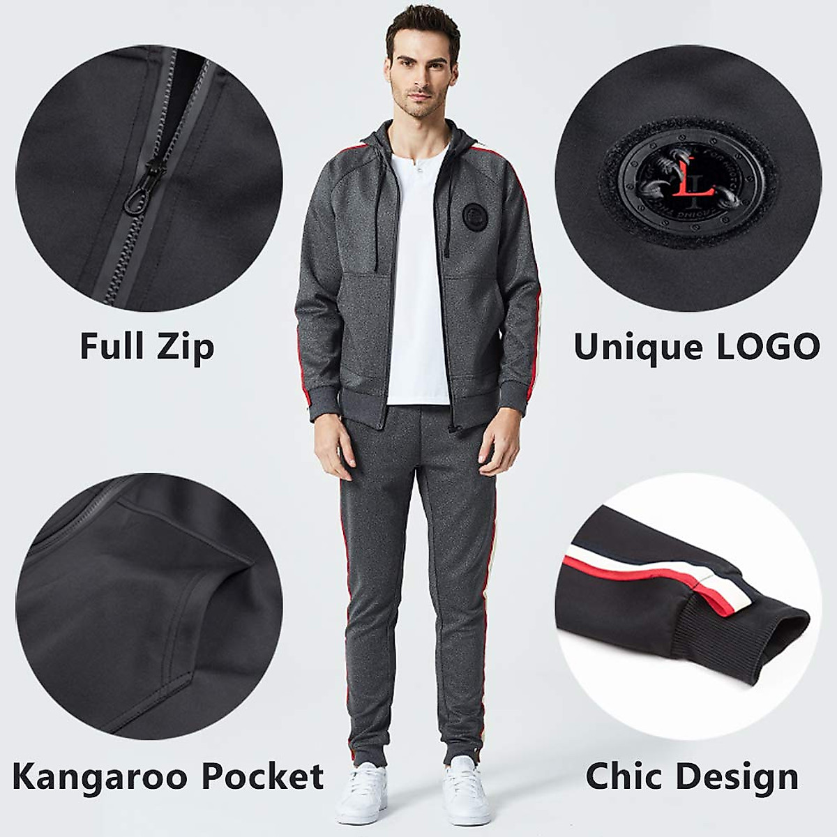 Mens Athletic 2 Piece Tracksuit Set, Dark Gray-XL