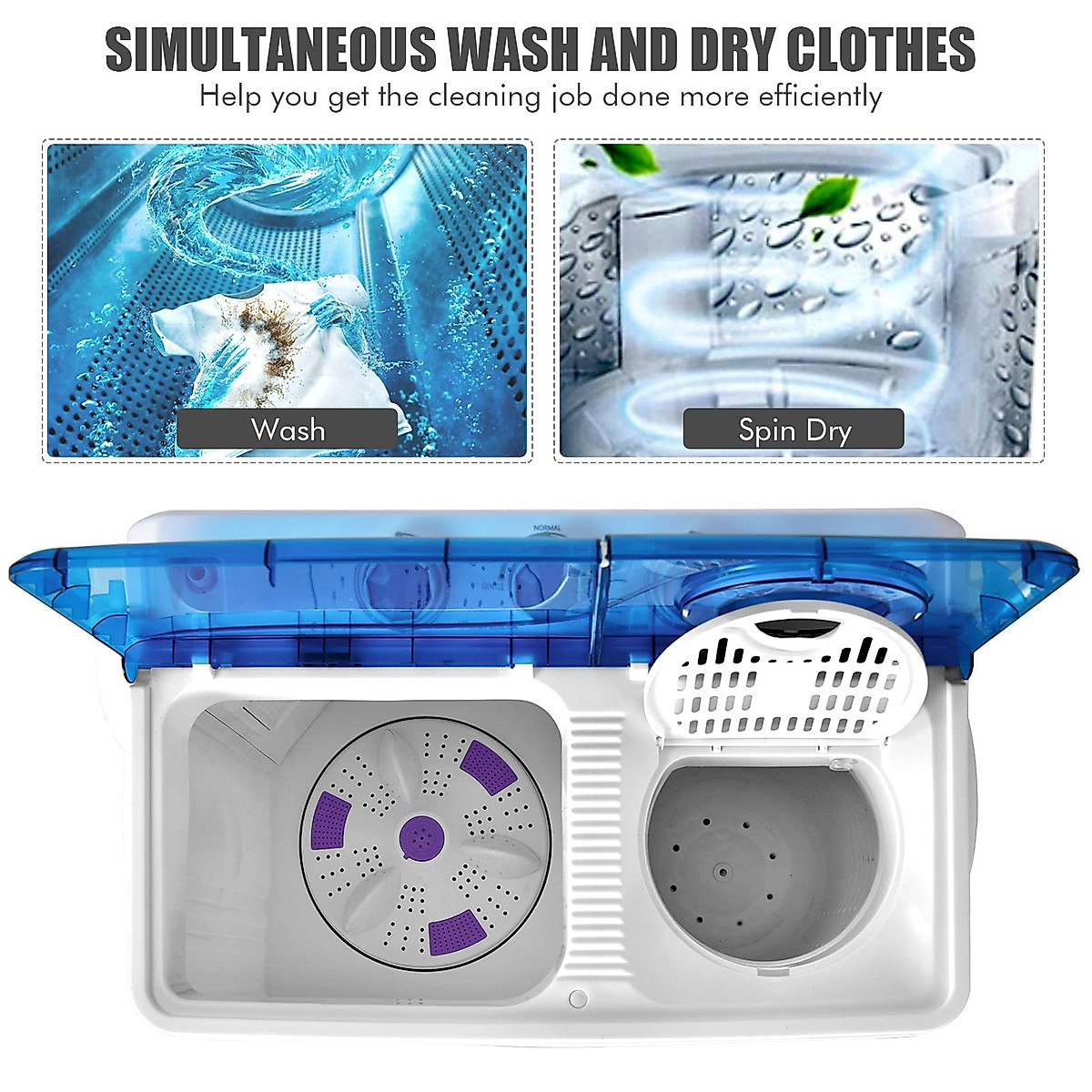 COSTWAY Portable Washing Machine, 2-in-1 Twin Tub 26lbs Capacity Washer(18lbs) and Spinner(8lbs) with Control Knobs, Timer Function, Drain Pump, Compact Laundry Washer for Home Apartment RV, Blue