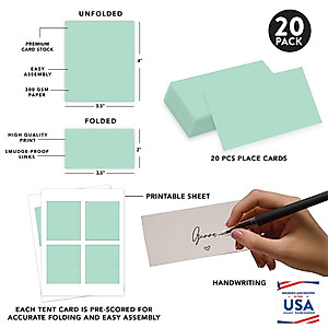 Andaz Press Table Tent Printable Place Cards, Mint Green 20-Pack, Seat Placement Cards Place cards Table Settings Name Cards for Baby Bridal Wedding Shower, School Graduation Food Cards