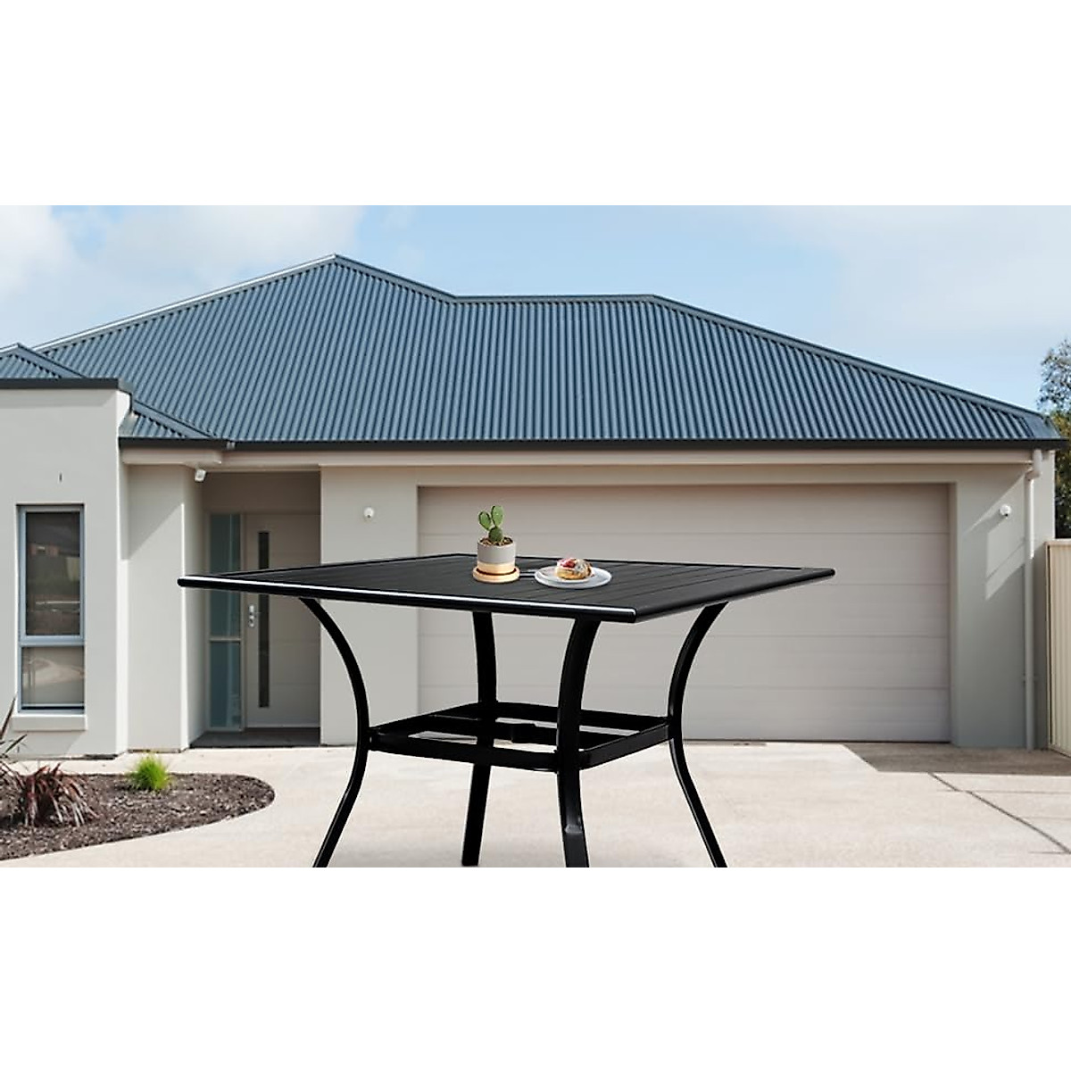 LEVELEVE 1 Piece Patio Dining Table,Outdoor Furniture 38"x 38" Metal Slatted Table with 1.5" Umbrella Hole,Outside Porch Deck Balcony Backyard Table(Square)