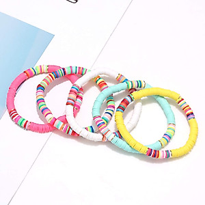 boderier Heishi Bracelet Set Stack Rainbow Vinyl Disc Bead Surfer Stretch Bracelet Summer Beach Bracelet Jewelry (5)