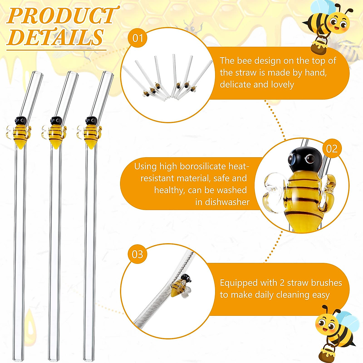 6 Pcs Reusable Glass Straws, Cute Bee on Clear Straws with Design 7.9 In x 8 Mm Colorful Shatter Resistant Bent Drinking Straws for Beverages, Shakes, Juices Suitable for Smoothies, Cocktails