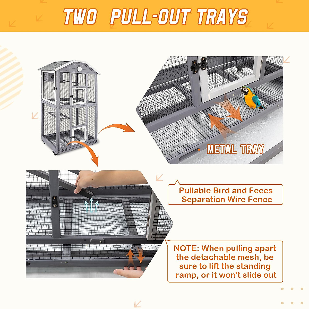 Ketive 65in Outdoor Bird Aviary with Wheels,Wooden Bird Cage Indoor Finches Cage Flight cage Wire Mesh,Easy Clean Tray Perches Nest Feeder