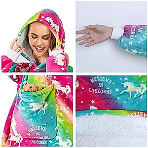 Queenshin Rainbow Unicorn Oversized Hoodie Wearable Blanket for Womens Teens Girls, Kawaii Adults Comfy Sherpa Hoody Sweatshirt with Pockets, One Size for All