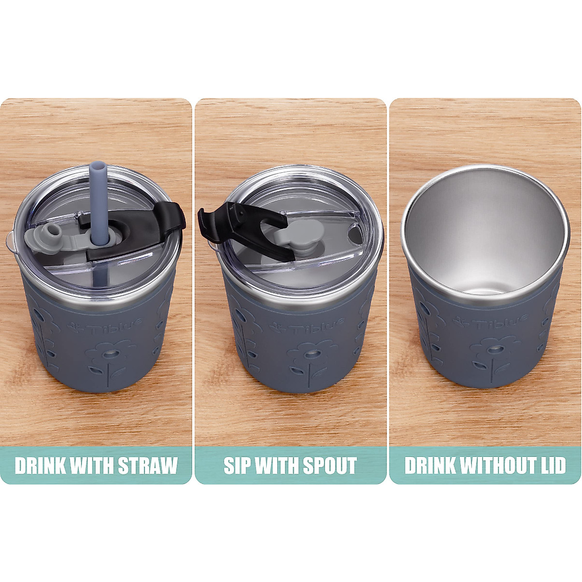 Tiblue Kids & Toddler Cups - 4 Pack 8oz Spill Proof Stainless Steel Tumblers with Leak Proof Lids, Silicone Straw with Stopper & Sleeve - BPA FREE Snack Smoothie Drinking Cup for Baby Girls Boys