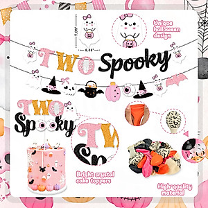 K KUMEED Pink Halloween 2nd Birthday Decorations,Two Spooky Themed Banner,Cute Ghost Eyeballs Hat Cake Topper and Latex Balloons for Girls Halloween 2 Year Old Party Supplies