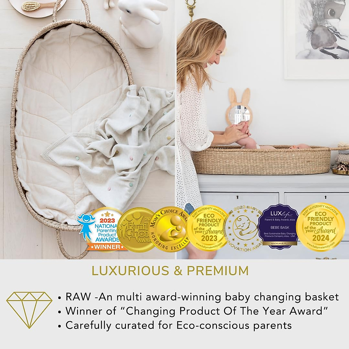 BEBE BASK Premium Baby Changing Basket - Artisan-Crafted Seagrass With Extra High Sides - Changing Basket for Baby Dresser - All Accessories Included - Complete Set for Nursery (Natural)