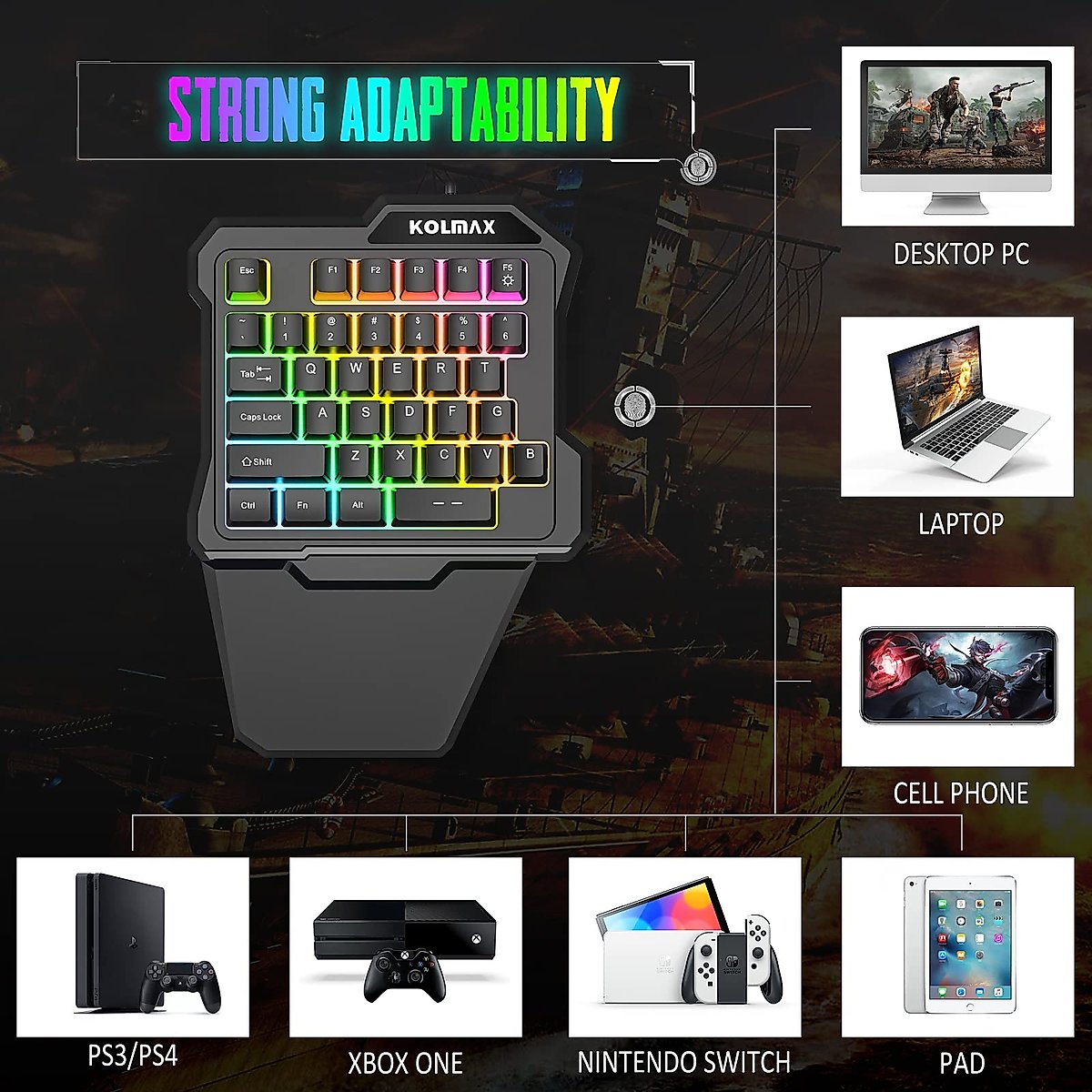 RGB One Handed Gaming Keyboard and Mouse Combo,USB Wired Mechanical Feeling Gaming Keypad with Wrist Rest Support, Gaming Mouse for Laptop PC Xbox PS4 Game Office