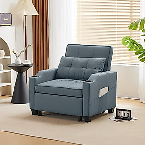 VINGLI Sofa Bed Chair Recliner, 3-in-1 Convertible Sleeper Sofa Chair Bed Blue Gray Daybed Pull Out Couch Bed with Adjustable Backrest, USB Ports, Cup Holders for Small Spaces Living Room