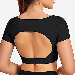 YEOREO Women Open Back Tee Crop Tops with Removable Pad Workout Backless Gym Shirt Bra Going Out T Shirt Top