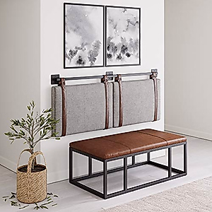 Nathan James Harlow Modern Wall Mount Hanging Upholstered Headboard, Queen, Gray with Brown Faux Leather Straps