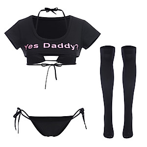 Yes Daddy Lingerie for Women Bra Crop Top Panty Japanese Anime Cosplay Underwear Stockings Schoolgirl Sleepwear Pajamas Set 4 Pieces Strappy Bikini Set Swimsuit Nightwear Black - Yes Daddy One Size