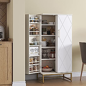 kepptory 51” Pantry Cabinets, White Freestanding Kitchen Pantry Storage Cabinet with Adjustable Shelves, Buffet Cupboards Storage Cabinet for Home Office Use, White + Gold