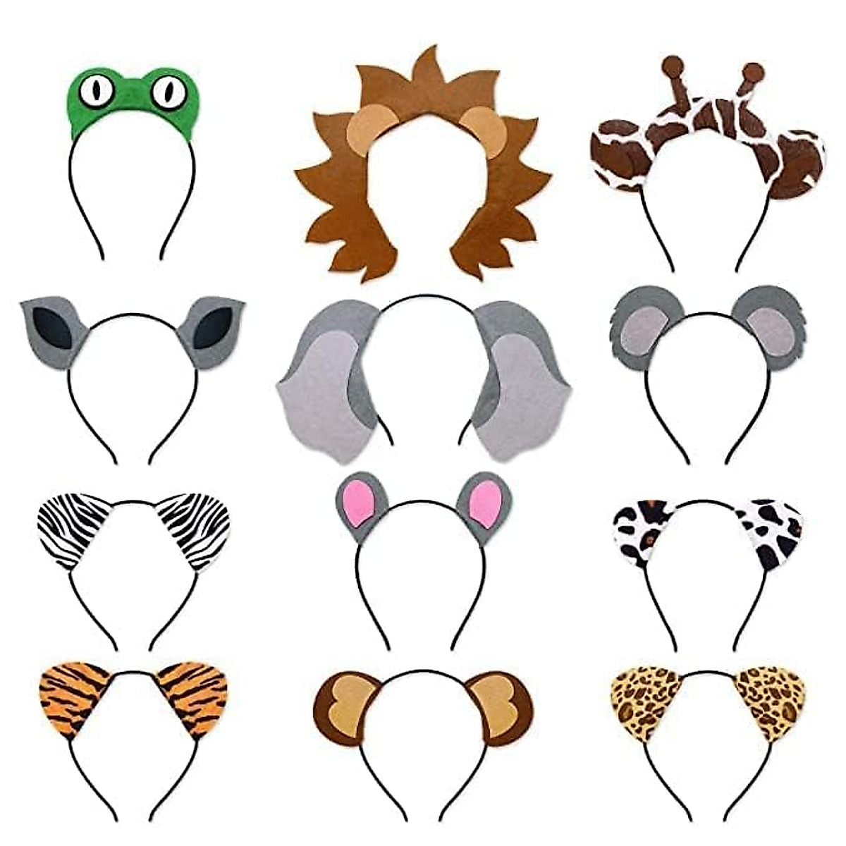 12pcs Jungle Animal Safari Headbands with Animal Hair Hoops - Photo Booth Props, Party Favors and Decorations for Kids and Adults