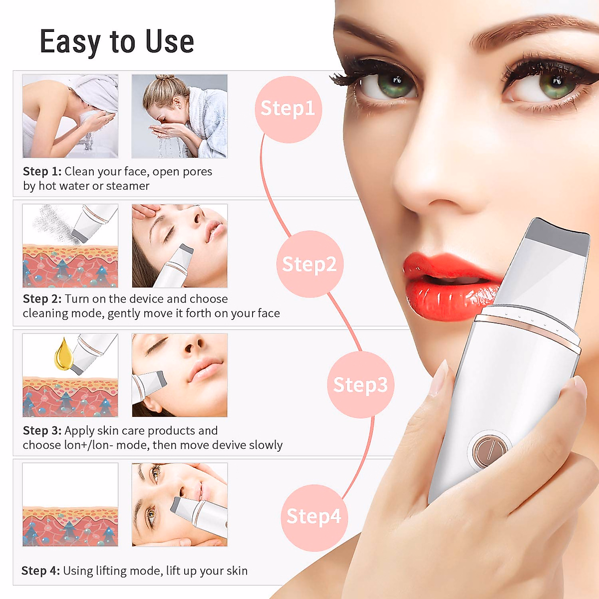 Skin Scrubber, Skin Spatula, Pores Cleanser Exfoliator Blackhead Remover Comedones Extractor for Facial Deep Cleansing with 4 Modes Include 4 Pcs Acne Reml Tool