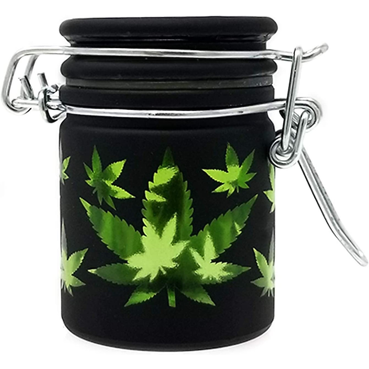 Airtight Glass Herb Mini Stash Jar with Clamping Lid in Choice of Design (Black Frosted with Green Leaf)