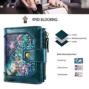 Simikol Women Leather Wallet RFID Blocking Small Bifold Zipper Pocket Wallet Card Case Purse with ID Window,Mandala Nebula