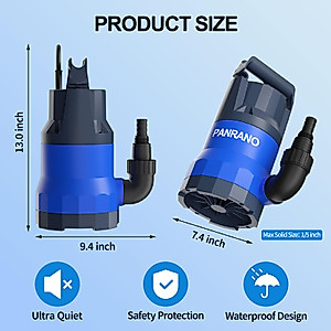 PANRANO Sump Pump 3/4HP Submersible Utility Water Pump 3500GPH Portable Water Transfer Pump for Pool Draining Garden Basements Hot Tub Pond Flood Yard with Adapters
