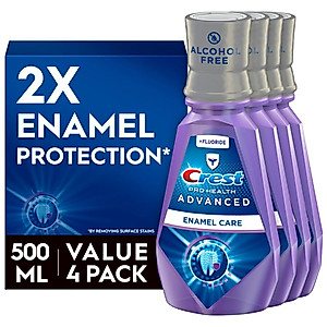 Crest Pro Health Advanced Mouthwash, Alcohol Free, Anticavity Fluoride, Enamel Care, Contains CPC (cetylpyridinium chloride), 500 mL (16.9 fl oz) Pack of 4