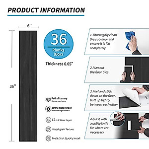 Art3d 36-pack 54 Sq.ft Peel and Stick Floor Tiles Vinyl Plank Flooring Wood Look, Adhesive and Waterproof Tile Sticker for Bedroom, Living Room, Kitchen, RV in Black