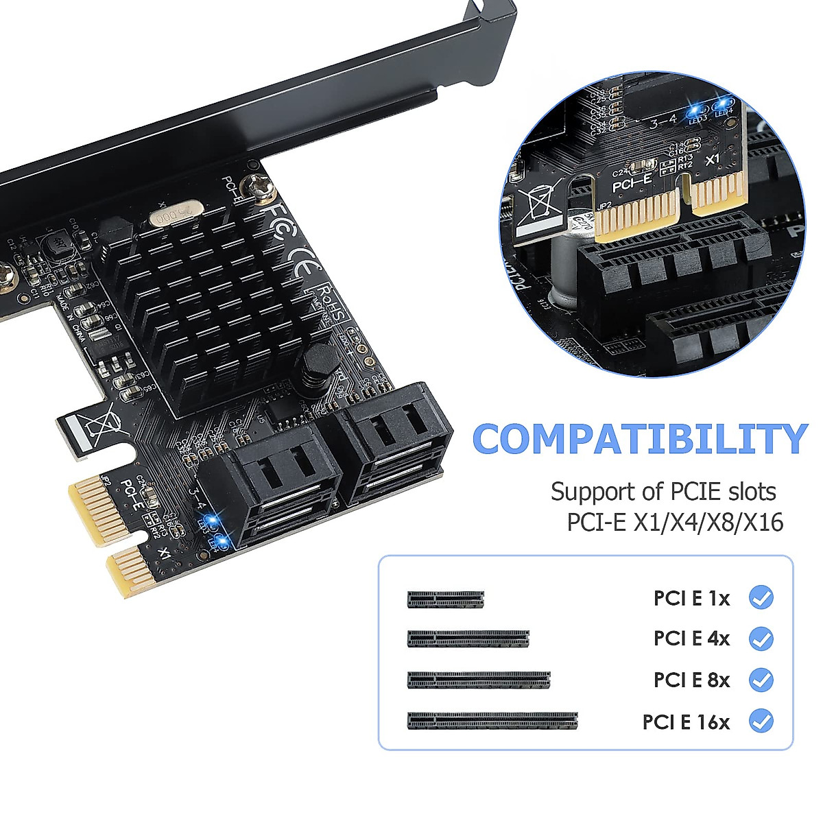 ACTIMED PCI-E X1 to SATA 3.0 Controller Card, 4-Port SATA III 6Gbps Expansion Cards, Supports PCI-Express (1X 4X 8X 16X) Slot, Support SSD and HDD, for Windows10/7/8/XP/Vista/linux
