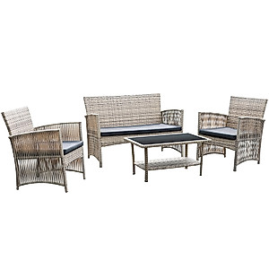FULLJOJOR 4 Piece Patio Furniture Set, Rattan Chairs with Coffee Table, Wicker Loveseat Outdoor Furniture, Small Patio Conversation Sets for Balcony Porch Garden Pool, Beige/Gray