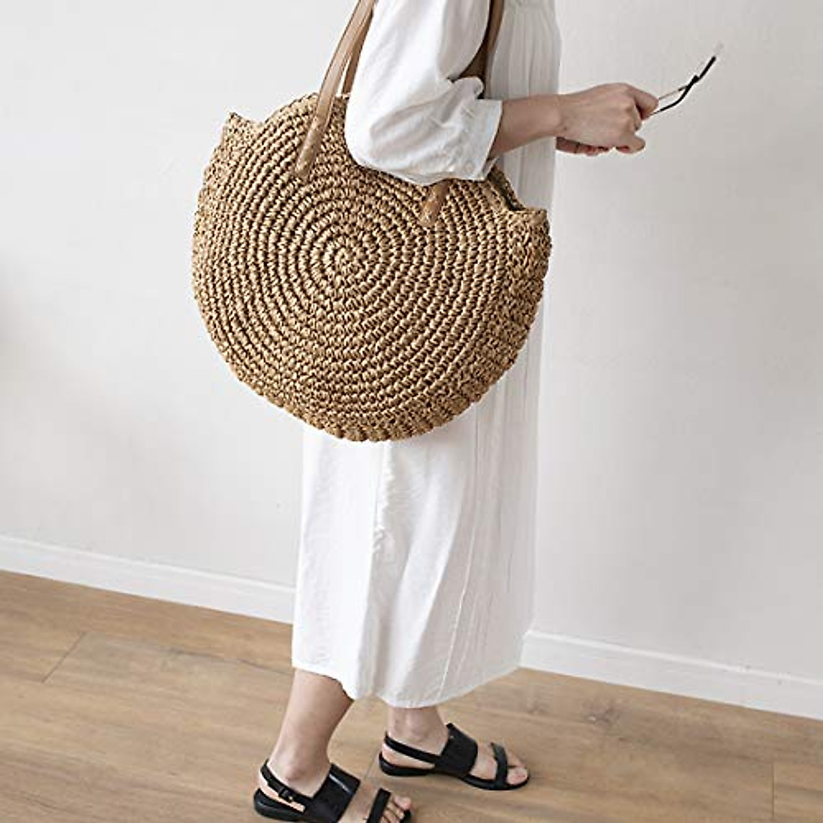 Straw Handbags Women Handwoven Round Corn Straw Bags Natural Chic Hand Large Summer Beach Tote Woven Handle Shoulder Bag (Khaki)