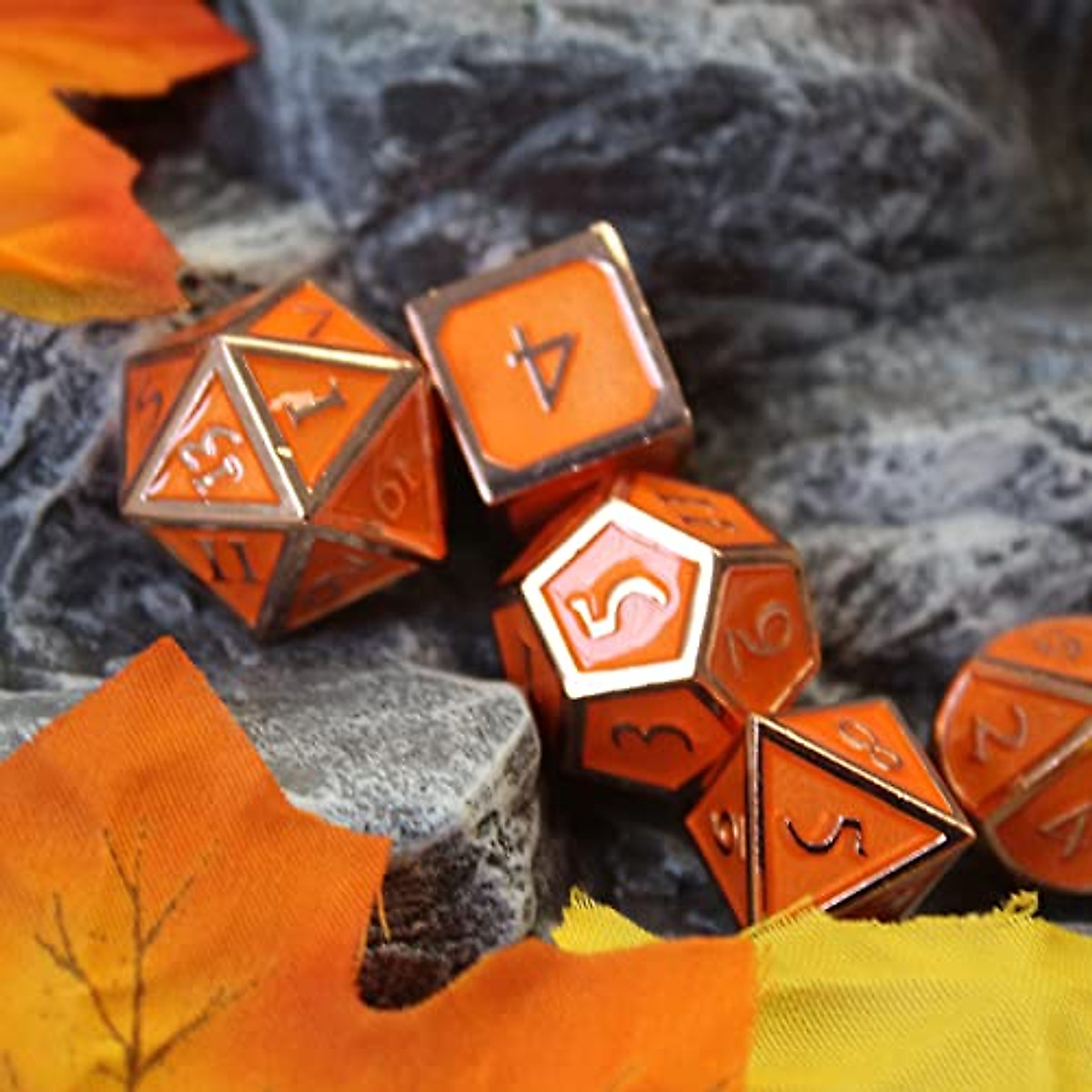 Metal Imperial Dice Set with Display Box | Metal Dice for Tabletop RPG Games Dungeons Dragons (Pumpkin Spice Orange Set)