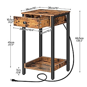 HOOBRO Nightstand with Charging Station, Tall Side Table, End Table with Drawer and Storage Shelf, Industrial End Telephone Table, for Study, Bedroom, Space Saving, Rustic Brown and Black BF71UBZ01