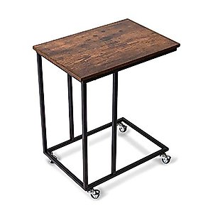 Zoyoleader C Shaped End Side Table, Vintage Sofa Couch Table with Wheel, Industrial Bedside Table with Metal Frame for Living Room, Bedroom, Rustic Brown (C Shape)