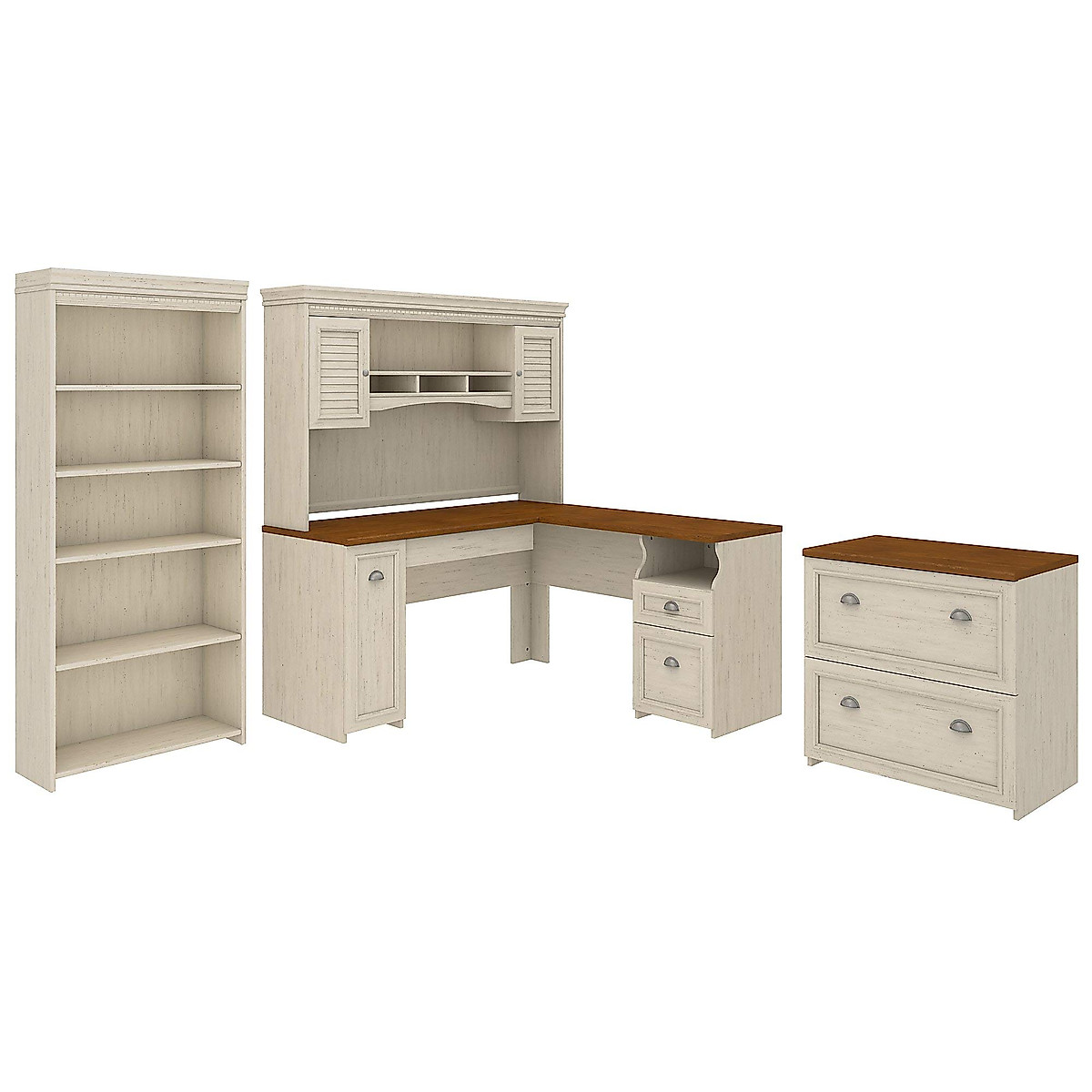 Bush Furniture L Shaped Desk with Hutch, 5 Shelf Bookcase and Lateral File Cabinet | Fairview Collection Corner Computer Table with Bookshelf and Storage | 60Wx60Dx69H