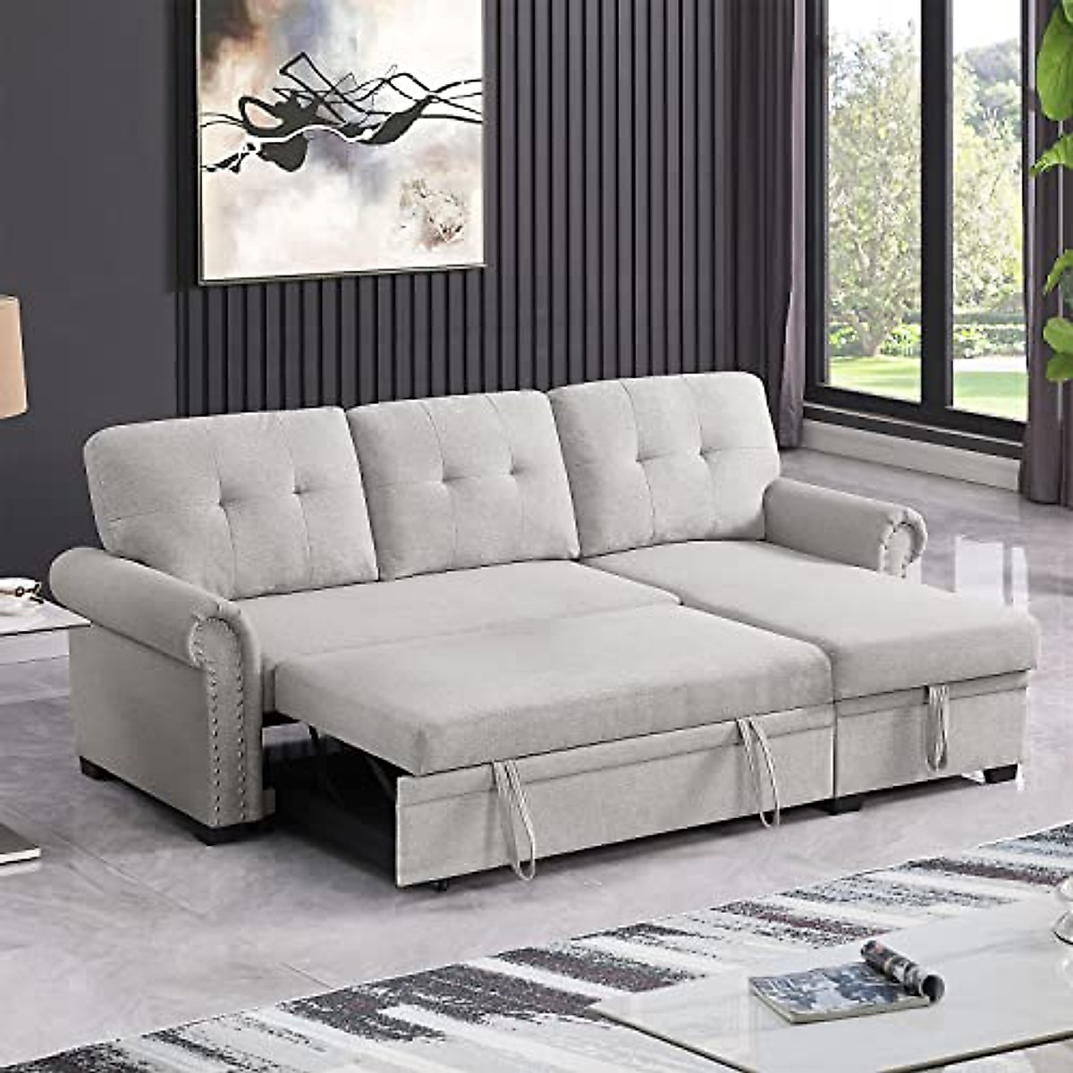 Alexent 3-Seat Classic Fabric Convertible Sleeper Sectional Sofa with Pull-Out Bed, Storage Chaise Lounge Space Saving for Apartment, Living Room, Home Office, Guest Room -Light Gray