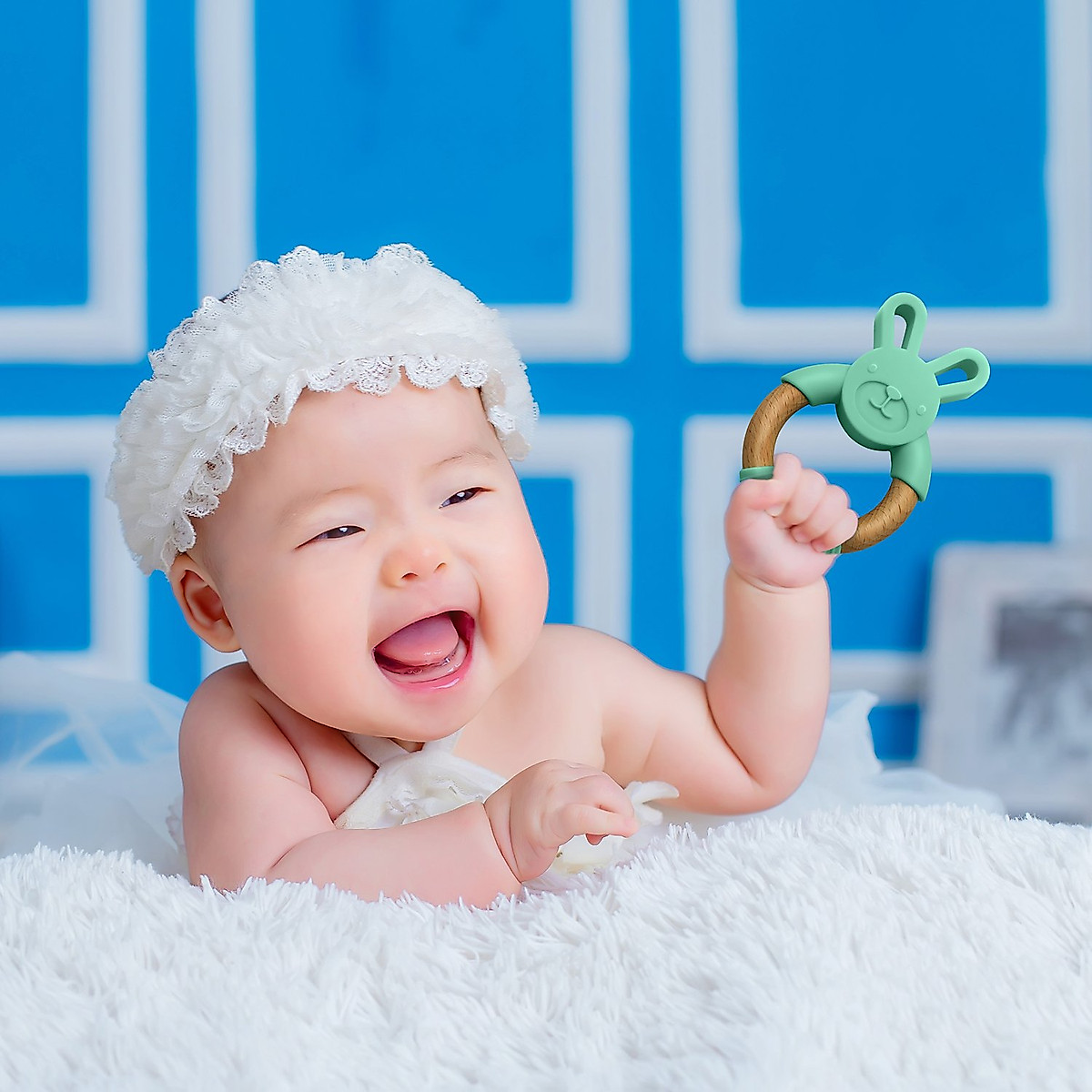 LittleFoot Nation Organic & Natural Bunny Rabbit Baby Teether Ring, 100% BPA Free Pure Food Grade Silicone & Beech Wood, Teething Pain Relief Toy for Toddlers & Infants (Green)