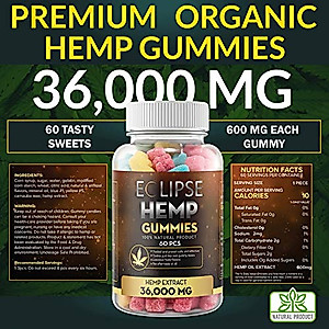Eclipse Hemp Hemp Gummies - 36,000 MG (60 Count) - 600 MG Per Gummy Bear with Hemp Oil - Made in USA