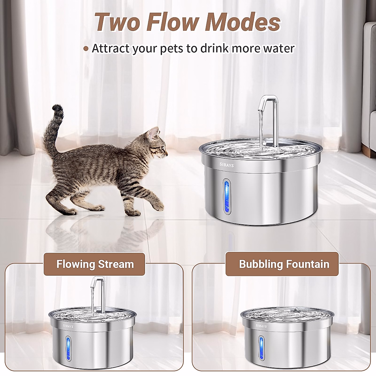 SIBAYS Cat Water Fountain Stainless Steel, 135oz/4L Automatic Pet Fountain for Cats, Dog Water Bowl Dispenser with Water Level Window & LED Water Reminder