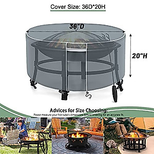 Fire Pit Cover 36 Inch Round, Waterproof Fire Pit Covers Round, 500D Heavy Duty Cover for Fire Pit, Fits 34 Inch, 36 Inch Firepit/ Fire Bowl, Windproof&Dustproof Firepit Cover -Grey, 36"Dia X 20"H