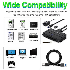 EYOOLD SATA IDE to USB 3.0 Adapter, External Hard Drive Reader Ultra Recovery Converter for Universal 2.5 3.5 IDE and SATA HDD SSD, 5.25-inch DVD/CD-ROM Optical Drive, Easy to Use