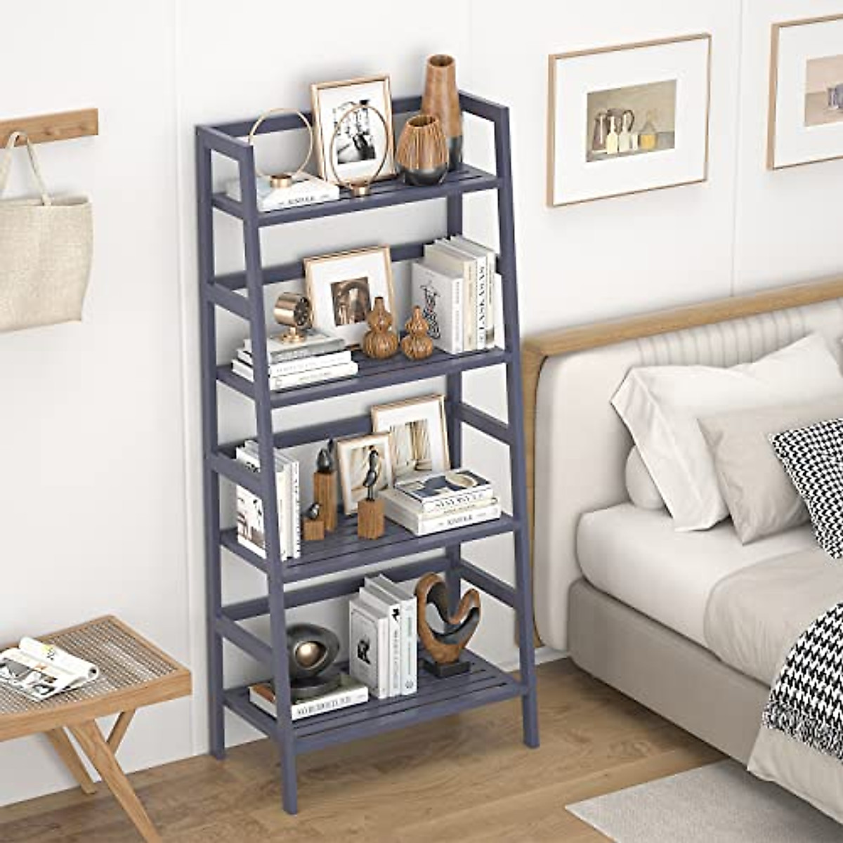 Homykic Ladder Bookshelf, 4-Tier Bamboo Shelf 49.2” Open Bookcase Freestanding Bathroom Storage Rack Plant Stand for Living Room, Bedroom, Office, Easy Assembly, Blue Grey