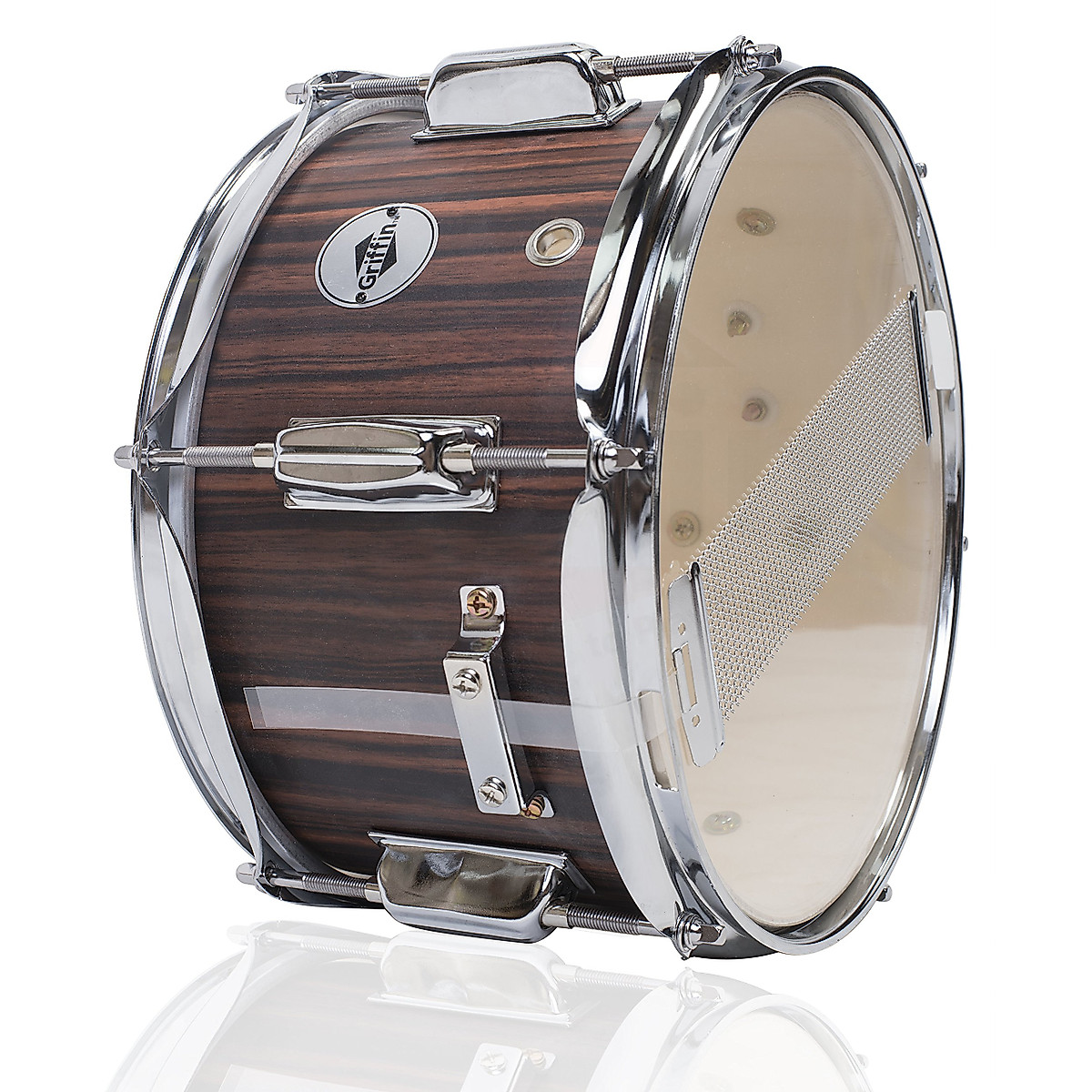 GRIFFIN Firecracker Snare Drum | Acoustic Popcorn 10" x 6" Poplar Mini Wood Shell & Black Hickory PVC | Concert Marching Percussion Musical Instrument with Deluxe Snare Throw Off, Drummers Key & Head